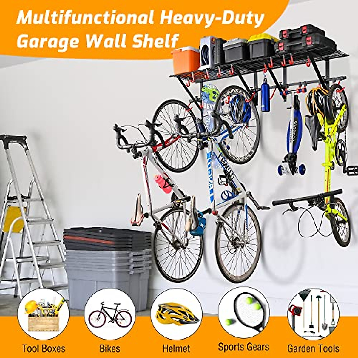 PLKOW Garage Wall Shelving 2-Pack Includes Bike Hooks, Sturdy Adjustable Garage Shelving Wall Mount Garage Wall Organizer (Black, 2-Pack)