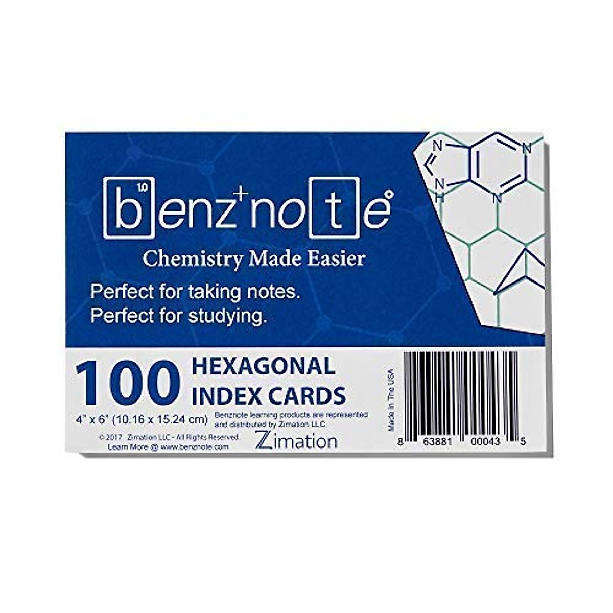 BENZNOTE Index Cards, for Organic and Bio Chemistry, 4" x 6", Hexagonal Graph Rule, Green Lined, 100 Index Cards