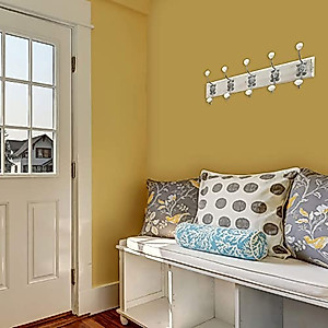 French Country House Wall Rack, 5 Hooks, Shabby Distressed Finish, Rustic White, Weathered Gray Wood, Vintage Inspired, Porcelain Caps, 22.75 L x 4.75 W x 8.25 H Inches