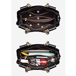 SMALLBLUER Women Patent Leather Tote Crossbody Bag Retro Pattern Shoulder Bags Satchel-Black