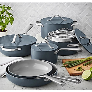 Member Mark 11 Piece Modern Ceramic Cookware Set With Smart Kitchen Tools Set (Assorted Colors) (Gray)