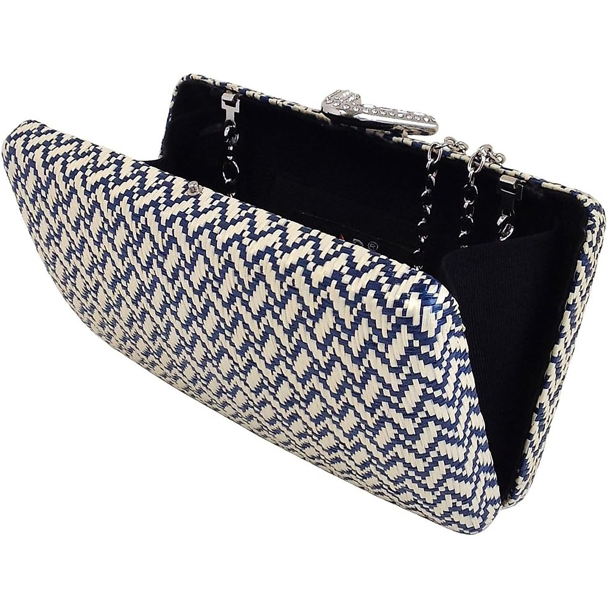 Chevron Raffia Straw Box Clutch with V Ornament