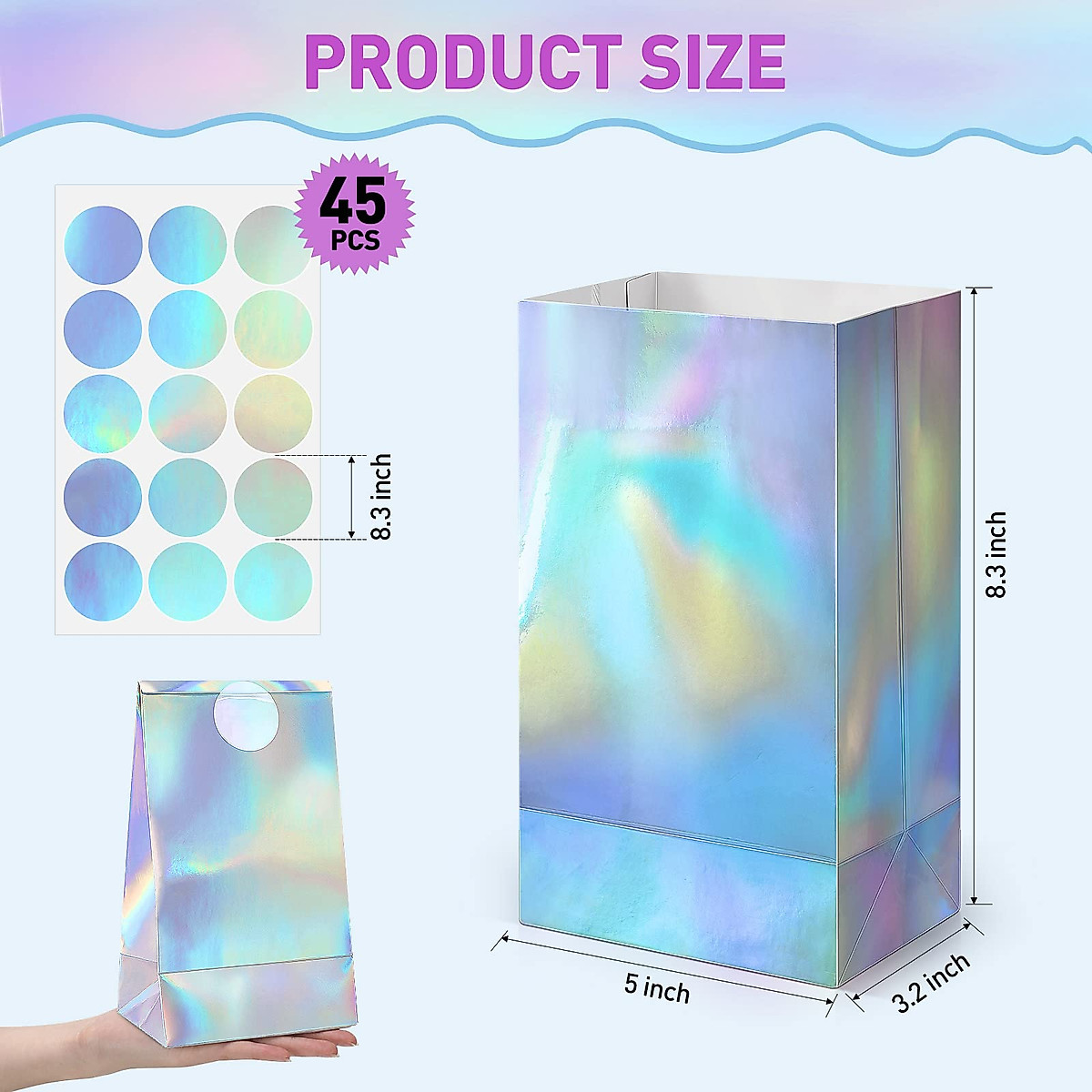 30 Pcs Iridescent Paper Gift Bag with Stickers Reusable Party Supplies Glitter Foil Holographic Paper Bag Candy Goodie Bag Gift Bags for Baby Shower Wedding Birthday Party Favors, 8.3 x 5 x 3 Inch