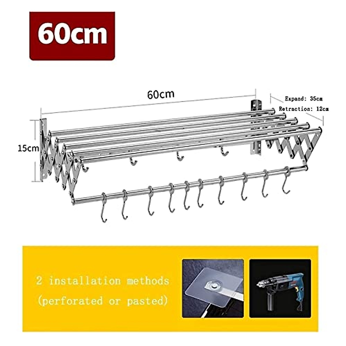 XMCX Retractable Wall Mounted Drying Rack Clothes Drying Rack Laundry Hanger with Hooks Foldable Clothes Dry Rack Space Saving Retractable Rack Easy Storage (Size : 60cm)