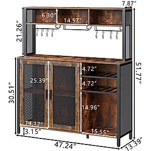 Loomie Wine Bar Cabinet with LED Lights, Industrial Coffee Bar Cabinet with 3 Storage Compartments & Wine Rack &Glass Holder,Sideboard Buffet Cabinet for Liquor and Glasses,Liquor Cabinet,Rustic Brown