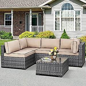 JAMFLY 5 Pieces Patio Furniture Sets, Wicker Outdoor Sectional Furniture with Glass Table and Cushions, Rattan Patio Conversation Sets for Garden, Poolside, Backyard(Khaki)