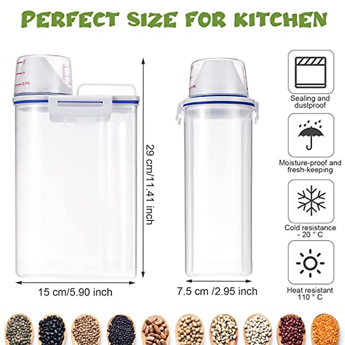 Rice Storage Bin 4 Pcs Cereal Containers Dispenser with Measuring Cup Plastic Storage Containers with Lids Kitchen Storage Bin Rice Holder Container Food Container Sets for Flour Cereal, 2.5 L (Blue)