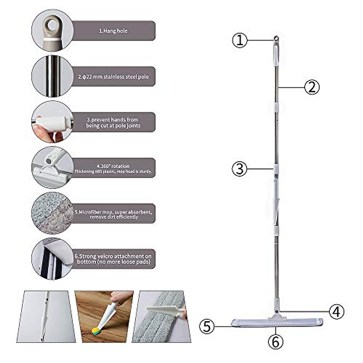 TAINER Microfiber Commercial Wet Mop Flat Floor Dust 17" 18" Inch for Hardwood Laminate Tile Cleaning, Stainless Handle and Alloy Mop Head - 4 Reusable Mop Pads + 1 Dirt Removal Scrubber (PT12-WHITE)
