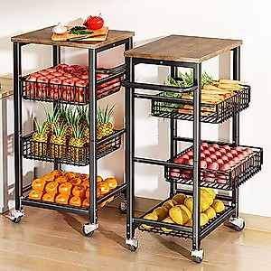 Fruit Basket Bowl - with Wood Top and Drawer, Kitchen Fruit Bowls Island on Wheels for Storage Fruit Vegetabe Onions and Potatoes, Black