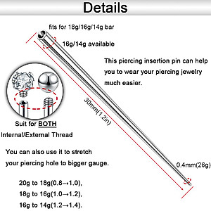 14g/16g/18g ASTM F136 Titanium Piercing Taper Insertion Pin for Internal Thread Tragus/Helix/Lip/Nose/Helix/Piercing Jewelry Cartilage Earrings Labret Nose Studs Stretcher Assistant Tool