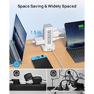 TROND Tower Power Strip Surge Protector - Power Strip with 4 USB Ports(2 USB C), 12 Widely Spaced Outlets, Ultra Thin Flat Plug 10ft Extension Cord, 1700J, for Home Office Supplies, Dorm Essentials