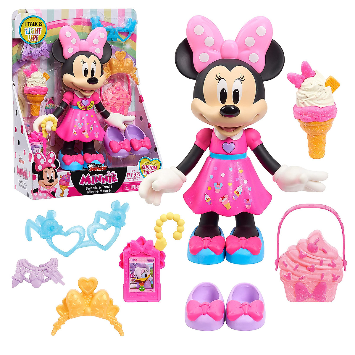Disney Junior Sweets & Treats Minnie Mouse, Interactive 10-Inch Doll with Lights, Sounds, and Accessories, Officially Licensed Kids Toys for Ages 3 Up, Amazon Exclusive