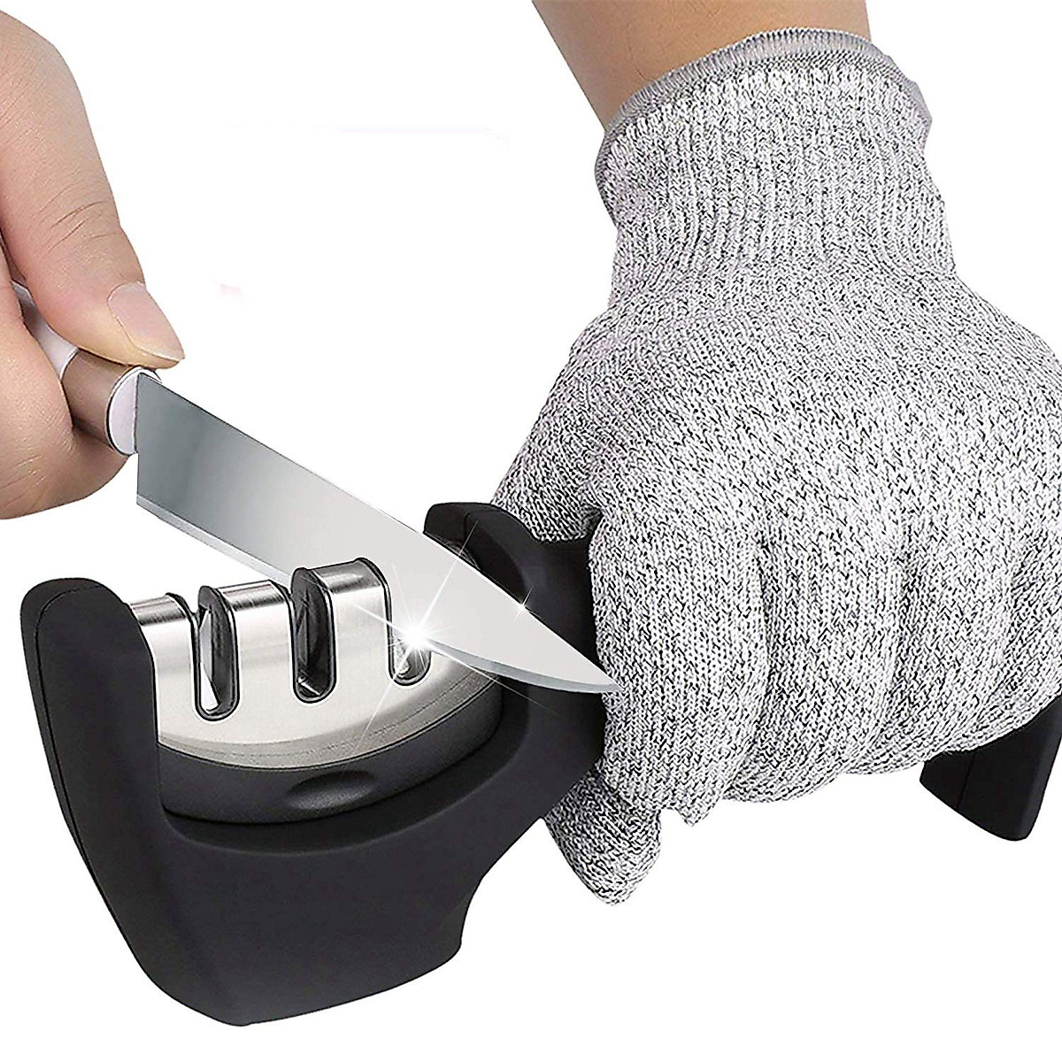 Knife Sharpener - Kitchen 3-stage Knife Sharpening System Professional Knives Tool for Chef Helps Restore Sharp Edges V-shape - Cut-Resistant Glove Included - Black