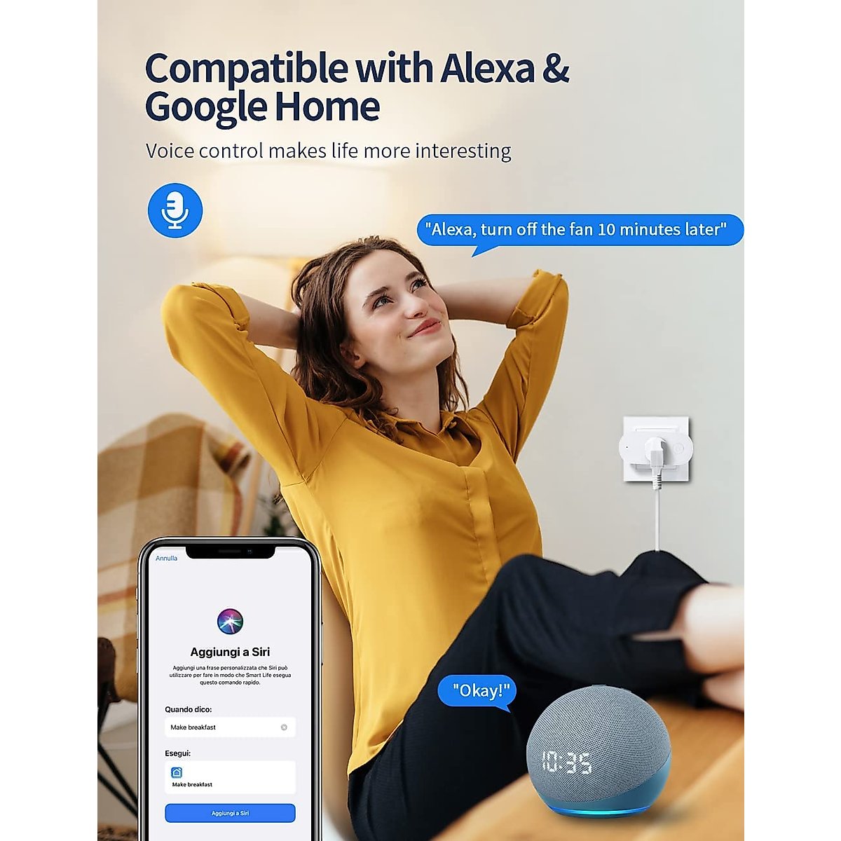 Smart Plug 15A, Smart Home WiFi Outlet, with Energy Monitoring, Works with Siri, Alexa, Google Home Nest Hub and Smartthings, No Hub Required, 2.4GHz WiFi Required(2 Pack)