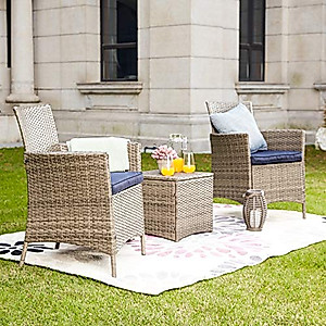 LOKATSE HOME 3 Piece Patio Bistro Set for Porch Outdoor Furniture PE Rattan Wicker Conversation Chairs with Coffee Table, Blue Cushions