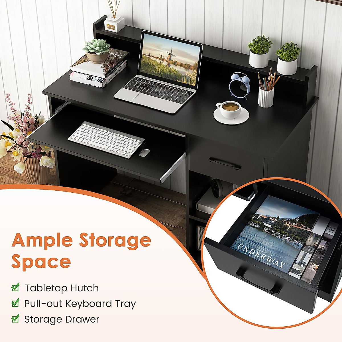 IFANNY Computer Desk, Office Desk with Drawers, Hutch, Keyboard Tray & Adjustable Shelf, Small Desk with Storage, Modern Home Office Desks, Black Desk for Bedroom, Living Room, Study (Black)