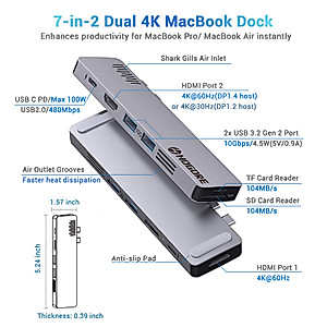 MacBook Pro Docking Station Dual Monitor, MacBook Pro Dock Dual Monitor Adapter, USB C to HDMI Adapter,10Gbps USB 3.1 Gen 2,100W PD,2020/19/18 13" 15" MacBook Pro/Air Accessories