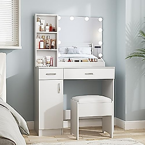 Fameill White Vanity Desk with Mirror and Lights,Makeup Vanity with 2 Drawers Lots Storage,Vanity Table with Lighted Mirror,3 Lighting Colors, Brightness Adjustable,35in(L)