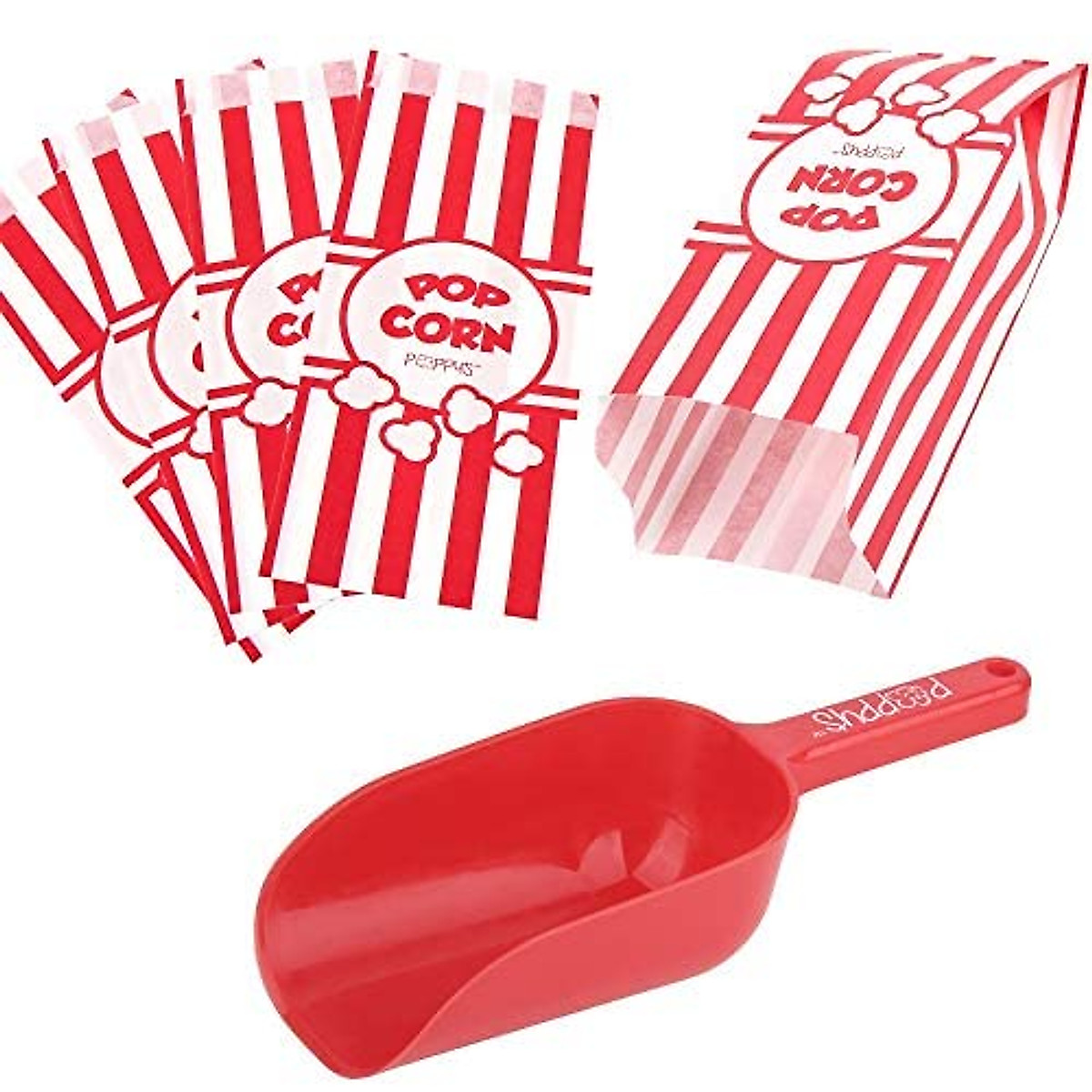 Poppy's Plastic Popcorn Scoop Bundle - 200 Bags and Plastic Popcorn Scooper, Popcorn Machine Accessories for Popcorn Bars, Movie Nights, Concessions