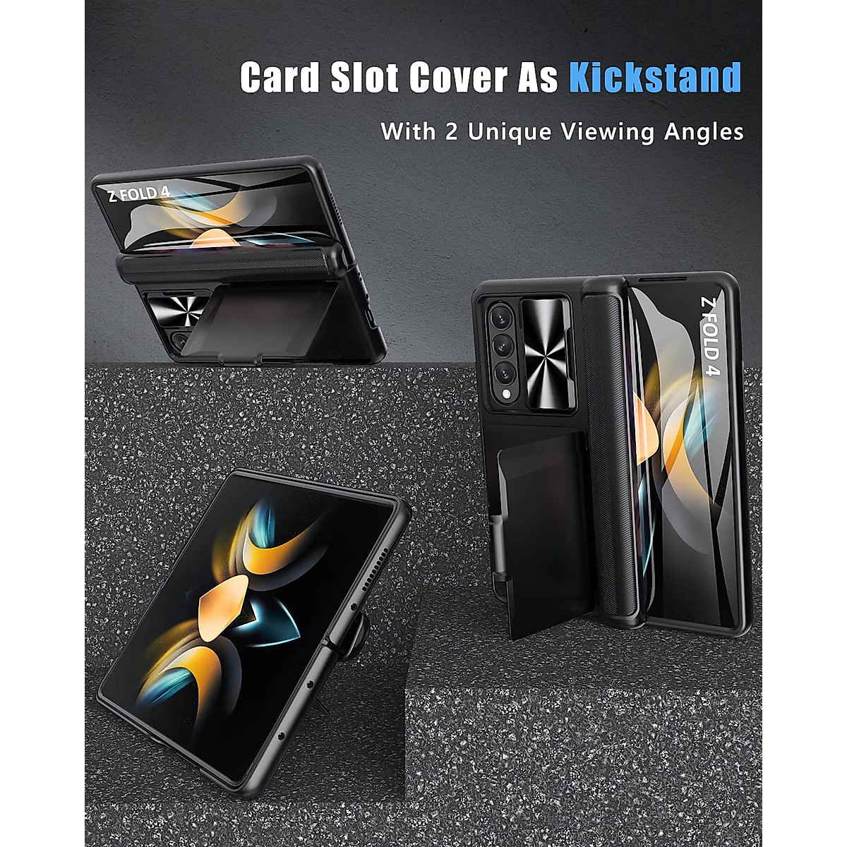 Vihibii for Samsung Galaxy Z Fold 4 5G Case with Card Holder & Sliding Camera Lens Cover, Built-in Hinge Protaction & Screen Protector & Kickstand, Case for Samsung Galaxy Z Fold 4 5G 2022 (Black)