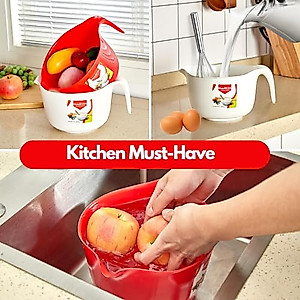 Large Mixing Bowls with Handles, 2 Pcs Microwave Safe 3.6 qt - Plastic Nesting Bowls for Kitchen, Batter Bowls, Easy to Clean, White & Red