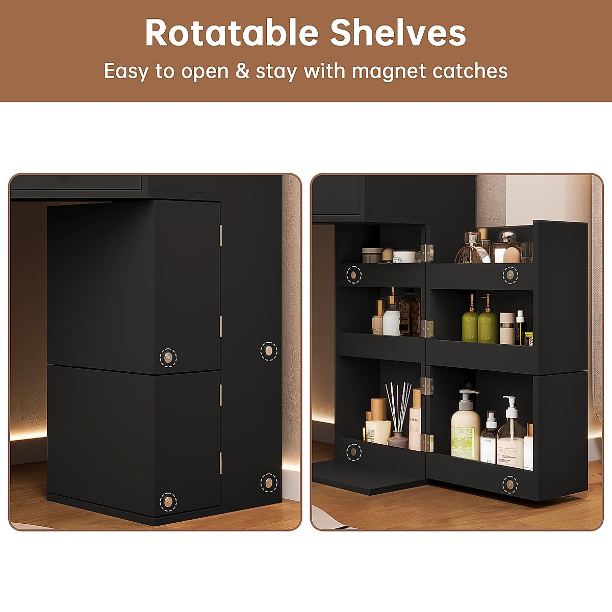 HAUOMS Vanity Desk with Mirror Lights, Storage Bench & Power Outlet, Corner Vanities with Rotating Cabinet & Drawers, 42.5" L Shaped Vanity Set, 3 Light Settings, for Women Girls, Modern Black