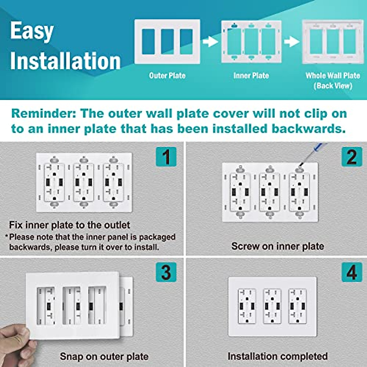 CML 3-Gang Screwless Decorator Wall Plate, 2 Pack Light Switch Covers, Outlet Receptacle Cover, Hidden Screw Smooth Face, Impact Resistant, Standard Size 4.68”X 6.54”, Glossy White