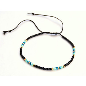 Anklet for Women, Unique Beaded Thin Anklet, Black Gold Colorful Boho Hippie Waterproof Beach Foot Jewelry, Native American Style, Handmade by Tribes (S-M (adjustable))