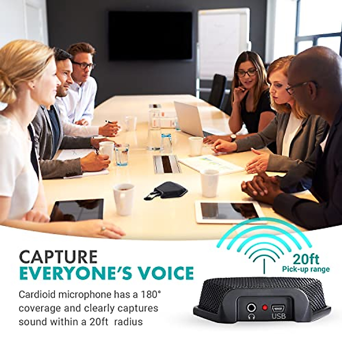 Movo MC1000 Conference USB Microphone for Computer Desktop and Laptop with 180° / 20' Long Pick up Range Compatible with Windows and Mac for Dictation, Recording, YouTube, Conference Call, Skype