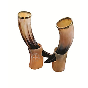 Set of Two Antique Style Horn Drinking Horn Mug with Stand Viking Style Beer Wine Mead Mug Wedding Gift