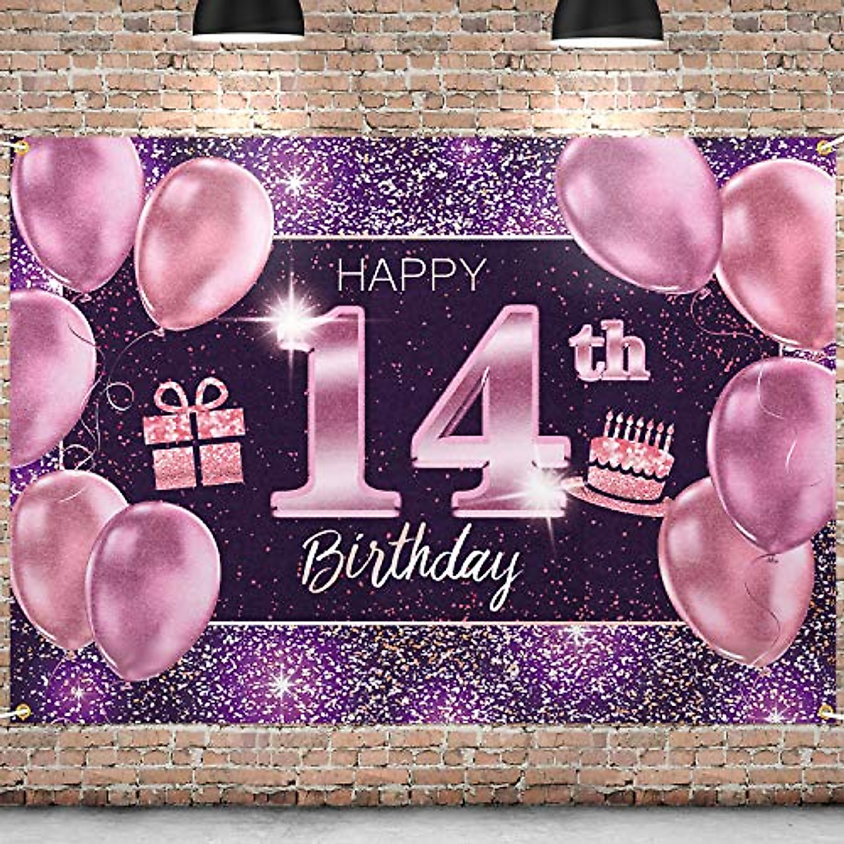 PAKBOOM Happy 14th Birthday Banner Backdrop - 14 Birthday Party Decorations Supplies for Girl - Pink Purple Gold 4 x 6ft