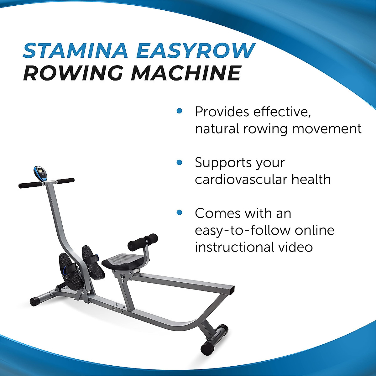 Stamina Easyrow Hydraulic Rower Machine with Smart Workout App - Rowing Machine with Adjustable Resistance for Home Gym Fitness - Up to 300 lbs Weight Capacity