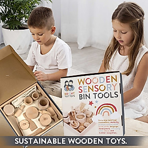 Sensory Bin Tools with Wooden Box, Montessori Toys for Toddlers & Kids, Set of 12 Wood Waldorf Toys for Transfer Work, Sensory Learning & Motor Skill Development