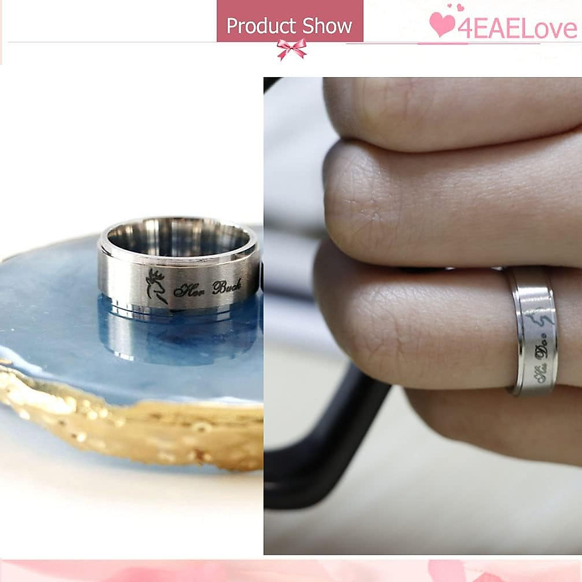 4EAELove Customize Matching Deer Heart Open Ring Her Buck His Doe Elk Couples Rings Promise Ring Inside Can Engraved Band Rings Wedding Rings (Elk-Silver, Custom)