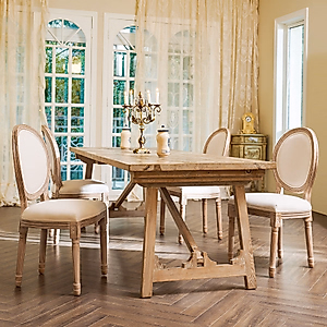 VONLUCE French Country Dining Chairs Set of 2, Wood Farmhouse Fabric Chairs with Oval Birch Backrest and Delicated Carved Rubberwood Legs, for Living Room Bedroom Kitchen, Beige