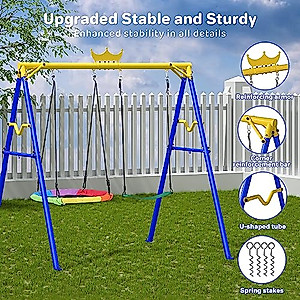 Yohood Swing Sets for Backyard, 440lbs Swing Set Outdoor for Kids, Heavy Duty Frame with U-Shape Design Swingset for Kids, Outdoor Playset with 1 Saucer Swing Seat and 1 Belt Swing Seat(Blue)
