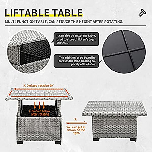 Lviden 7 Pieces PE Wicker Patio Furniture Set Outdoor Sectional Conversation Sofa Set with Liftable Storage Table, Non-Slip Cushions and Furniture Cover, Light Grey