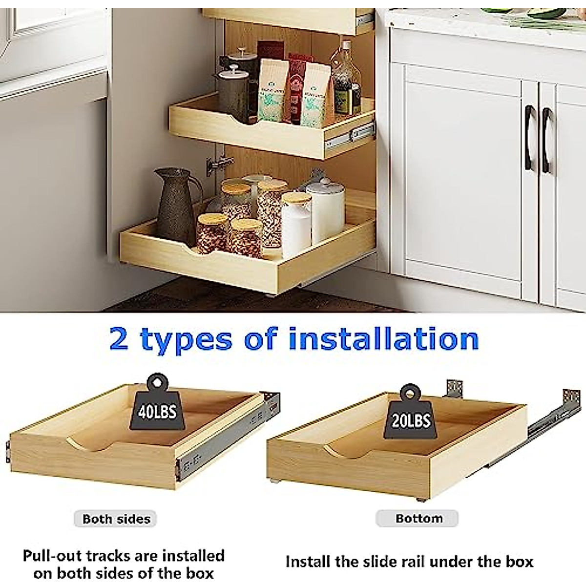 ALINE FURNITURE Pull Out Drawers for Cabinets Wood, 20" W X 21" D Slide Out Drawers for Kitchen Cabinets, Pull Out Shelves, Roll Out Drawers for Pantry Cabinet Organizer