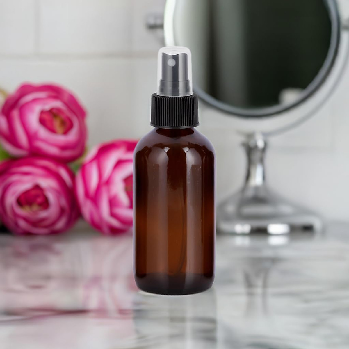 JUVITUS (10 pack) 4 oz Amber Glass Boston Round Bottle with Fine Mist Black Sprayer + Funnel