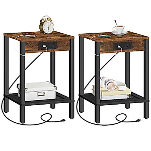 HOOBRO Side Table with Charging Station, Set of 2 End Tables with USB Ports and Outlet, Nightstand with 2-Tier Storage Shelf, for Living Room, Bedroom, Small Space, Rustic Brown and Black BF91UBZP201