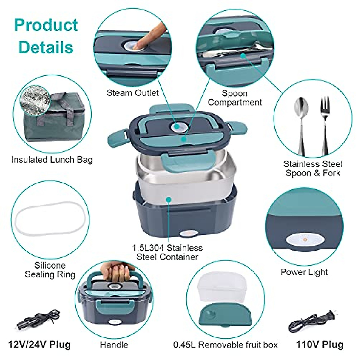 Samshow Electric Heating Lunch Box Food Heater/Warmer Portable Heated Lunch Boxes for Car truck and Home Work Adults Electric Lunch Box - Leak Proof, 1.5L Removable 304 Stainless Steel Container