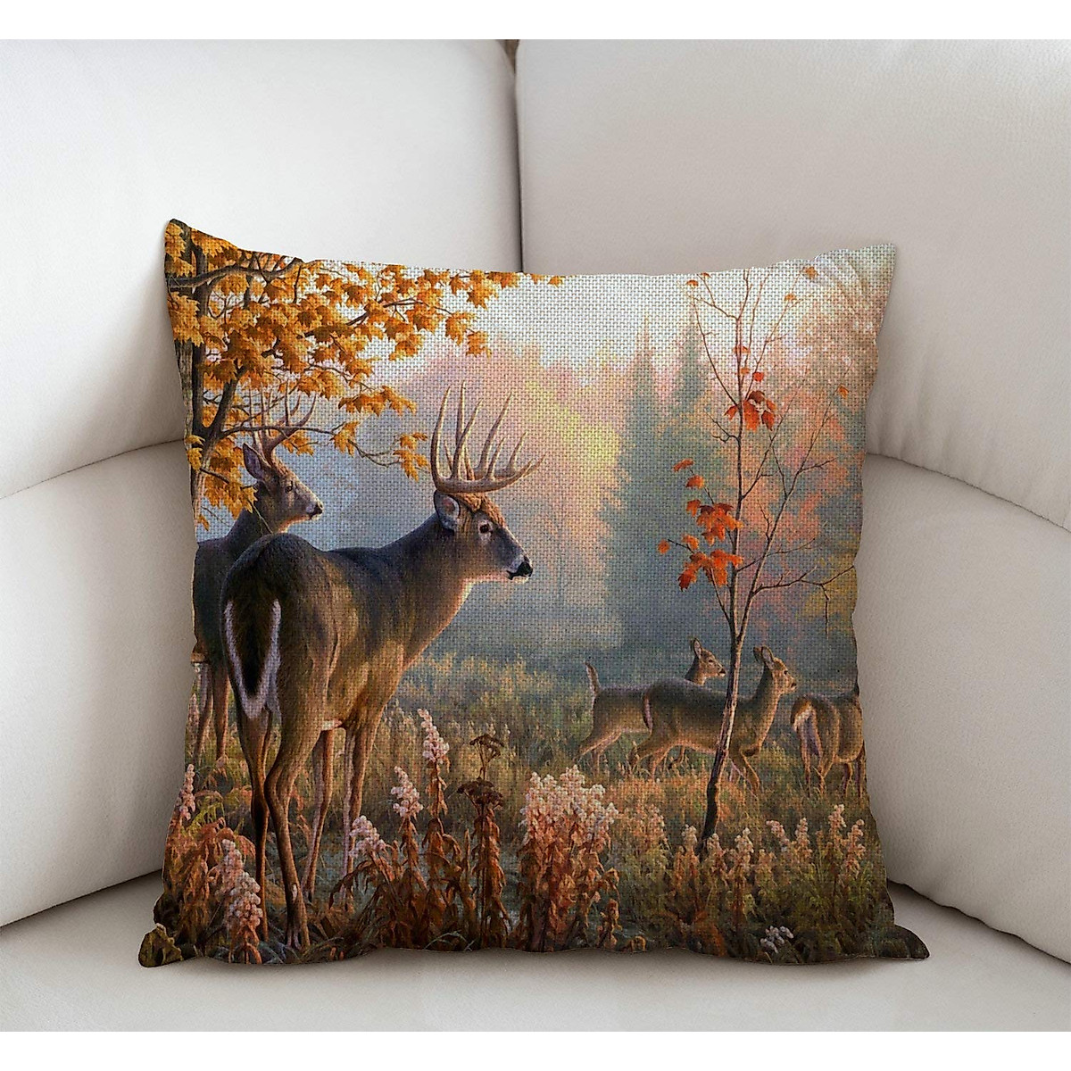 Swono Deers Pillow Cover 18x18 Inch Autumn Nature Deers Scene Farmhouse Decorative Throw Pillow Cover Square Cushion Case for Home Sofa Couch Decoration