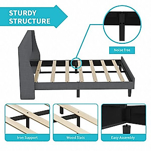 CECER Full Size Bed Frame, Modern Bed Frame with Upholstered Headboard & Broad Wingback Wooden Slat Support, No Box Spring Needed - Dark Grey