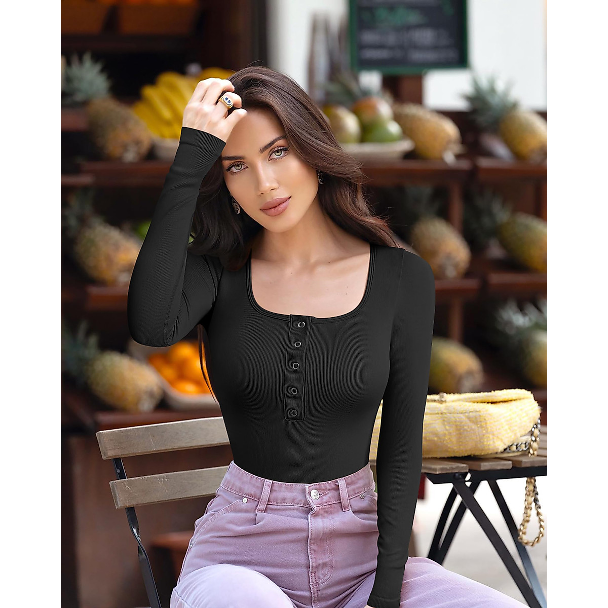 OQQ Women's 2 Piece Sexy Ribbed One Long Sleeve Button Square Neck Top BodySuit, Black,tea Leaf, Small