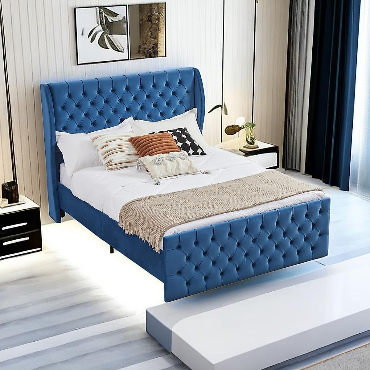 DUNTRKDU Queen Size Velvet Upholstered Platform Bed Frame with Button Tufted Headboard and Wingback, Wood Slat Support, No Box Spring Needed, Under Bed Storage (Blue)