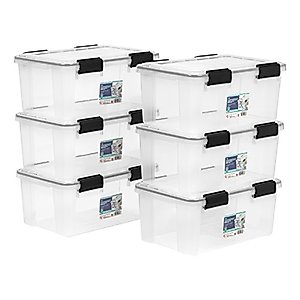 IRIS USA 19 Quart WEATHERPRO Plastic Storage Box with Durable Lid and Seal and Secure Latching Buckles, Weathertight, Clear with Black Buckles, 6 Pack
