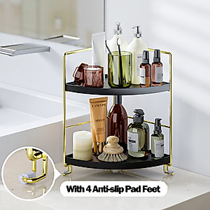 KINGBERWI 2-Tier Bathroom Corner Counter Organizer, Makeup Storage Shelf Vanity Tray, Bathroom Sink Countertop Organizer, Black