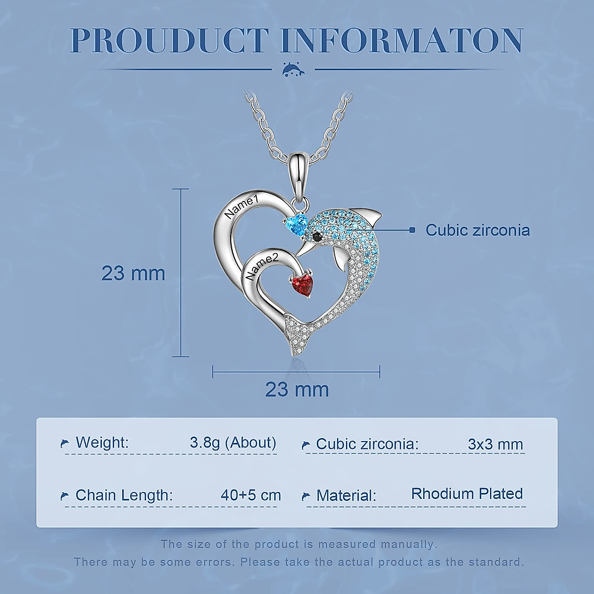 Zomodia Personalized Dolphin Necklace, Simulated Birthstone Necklace for Women Engraved Names Promise Necklace for Her Mother Daughter Jewelry Gift (2 names)