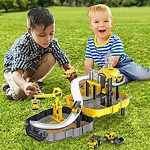 Siairo Construction Toy Construction Vehicles Trucks, Car Track Toy, Vehicle Playsets with Race Track, Excavator Crane Bulldozer Helicopter Toy for Boys Toddlers Kids (Military Theme)