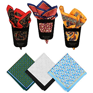 BELLUNO Pocket Square 6 pcs with 3 Folds Holders, Penetrating Printed Handkerchiefs Set for Men